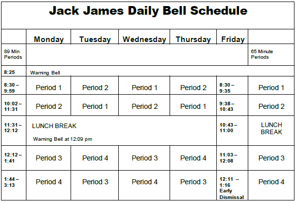 Office Hours & Bell Times - Jack James High School